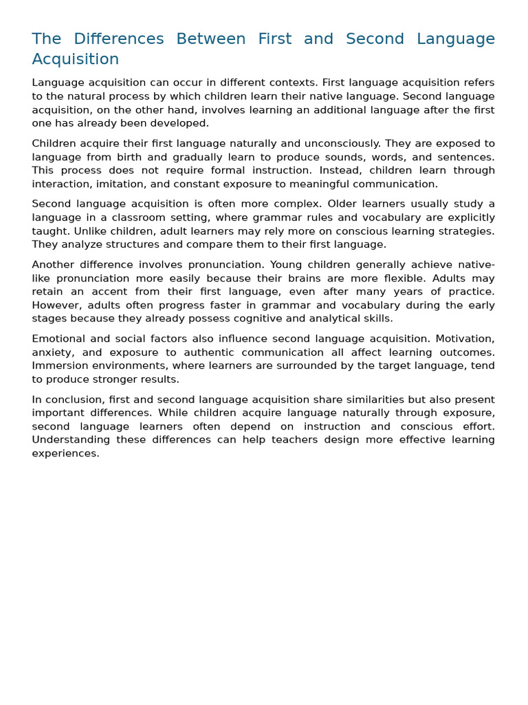 The Differences Between First and Second Language Acquisition Essay | PDF
