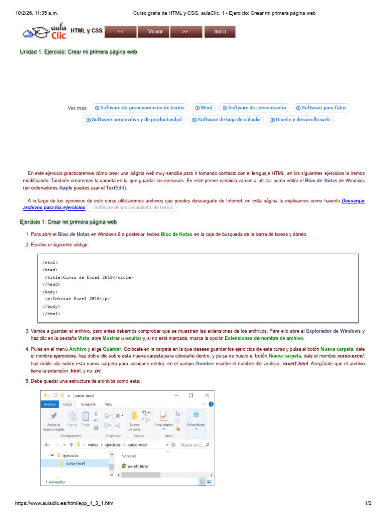 Curso Gratis de HTML y CSS. AulaClic. 1 - Ejercicio_ Crear Mi Primera ...