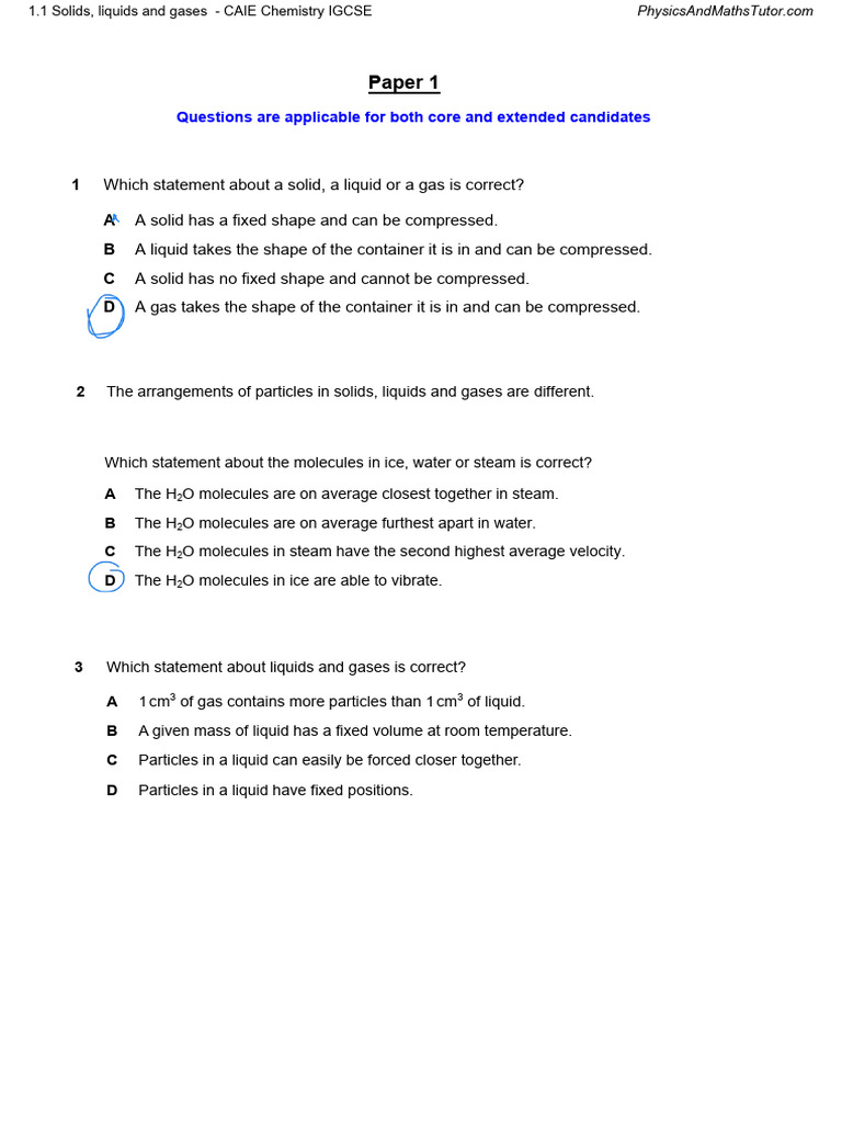 1.1 Solids, Liquids and Gases MCQ QP | PDF