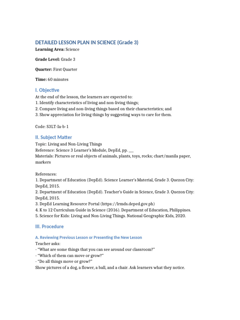 Detailed Lesson Plan Living NonLiving Things With References | PDF ...