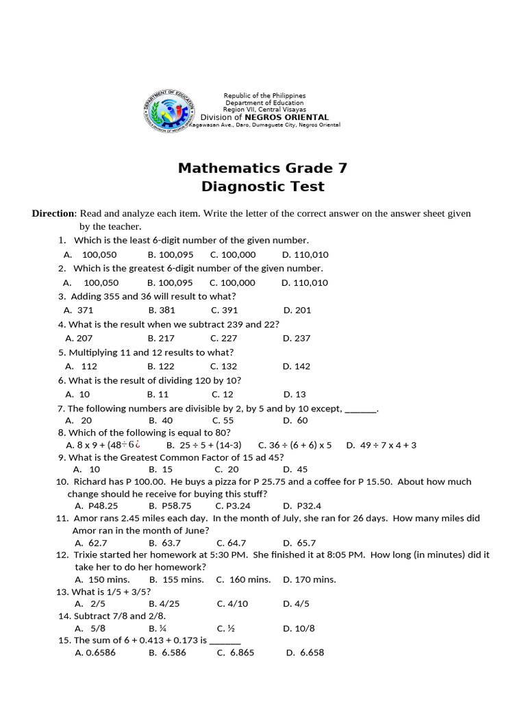 Math 7 Diagnostic Test | PDF