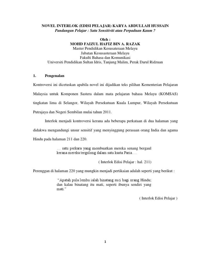 Novel Interlok:satu Sensitiviti Atau Perpaduan Kaum | PDF