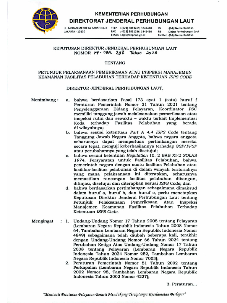 KP - DJPL 398 Tahun 2025 Tentang Petunjuk Pelaksanaan Pemeriksaan Atau ...