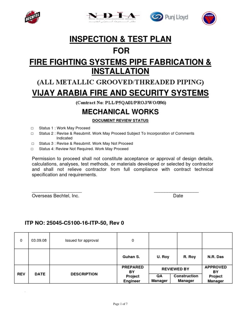 ITP For Fire Fighting System | PDF | Pipe (Fluid Conveyance) | Specification (Technical Standard)