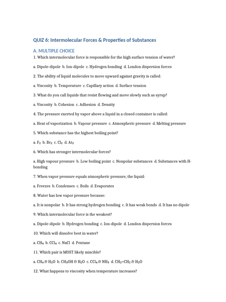 Intermolecular Forces Quiz | PDF | Chemical Polarity | Intermolecular Force