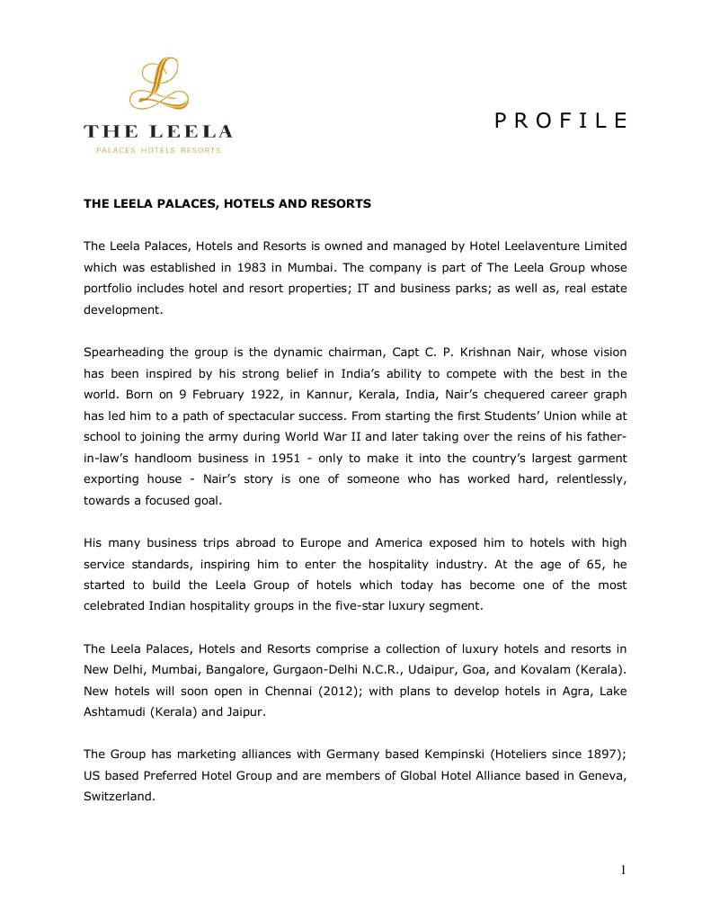 Profile The Leela Palaces Hotels and Resorts | PDF | Hospitality ...