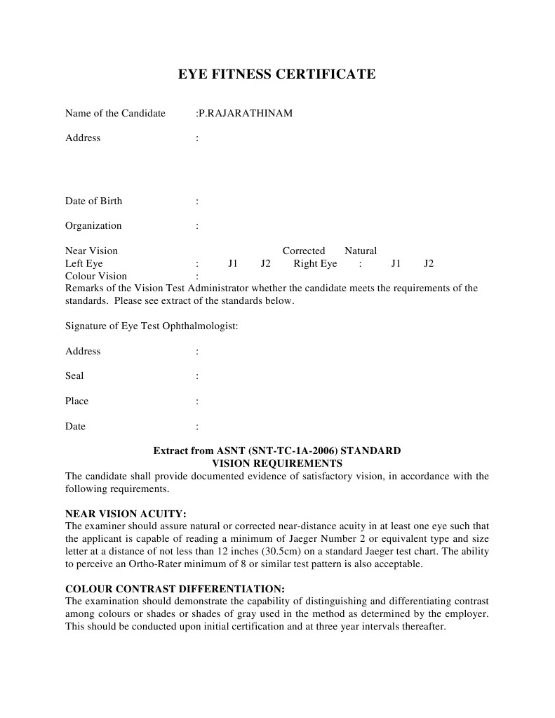 Eye Fitness Certificate | PDF