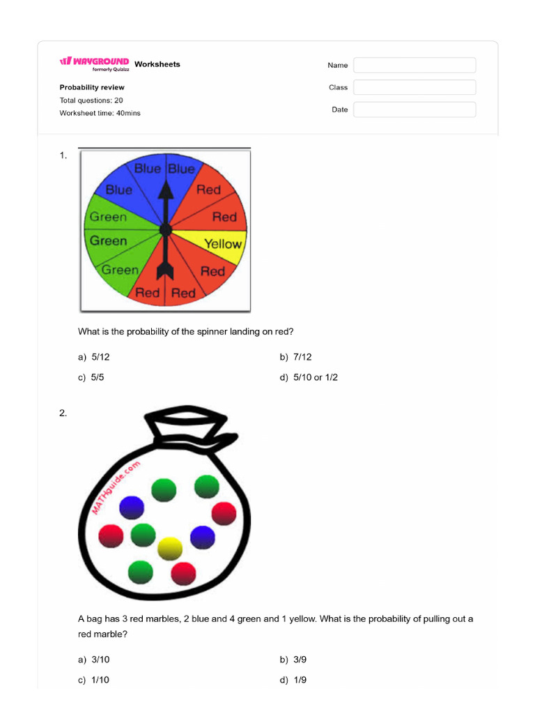Probability Worksheet Grades 5 | PDF