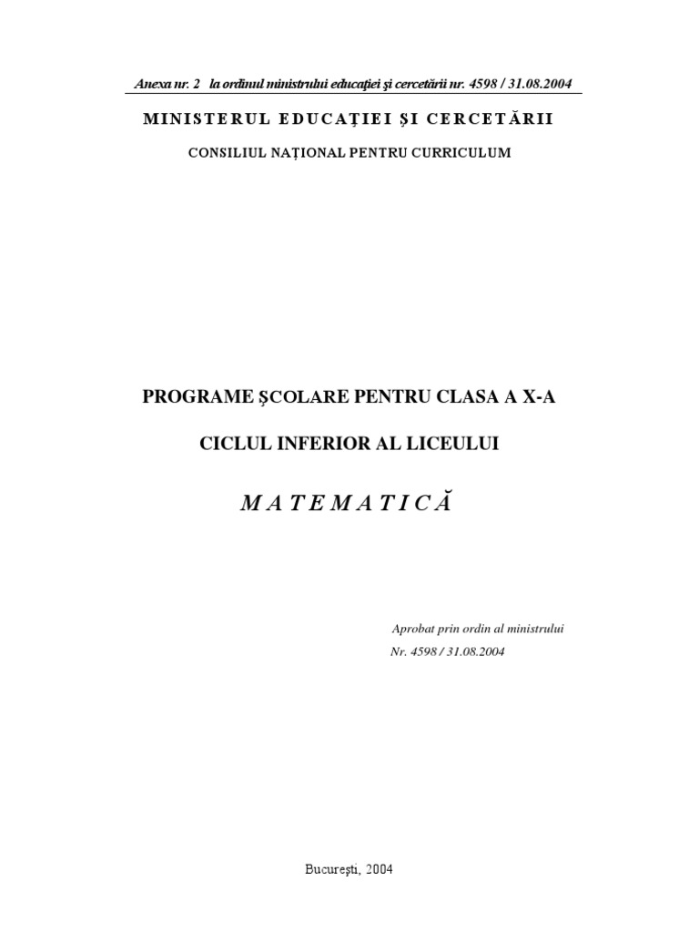 Programa Scolara Pentru Matematica Clasa A X A | PDF