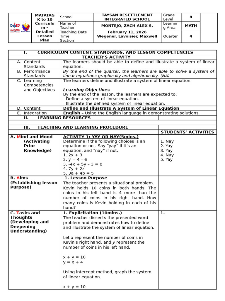 System of Linear Equations | PDF | Equations | Curriculum