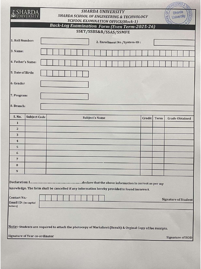 Form For Backlogs Even Term-2502 | PDF