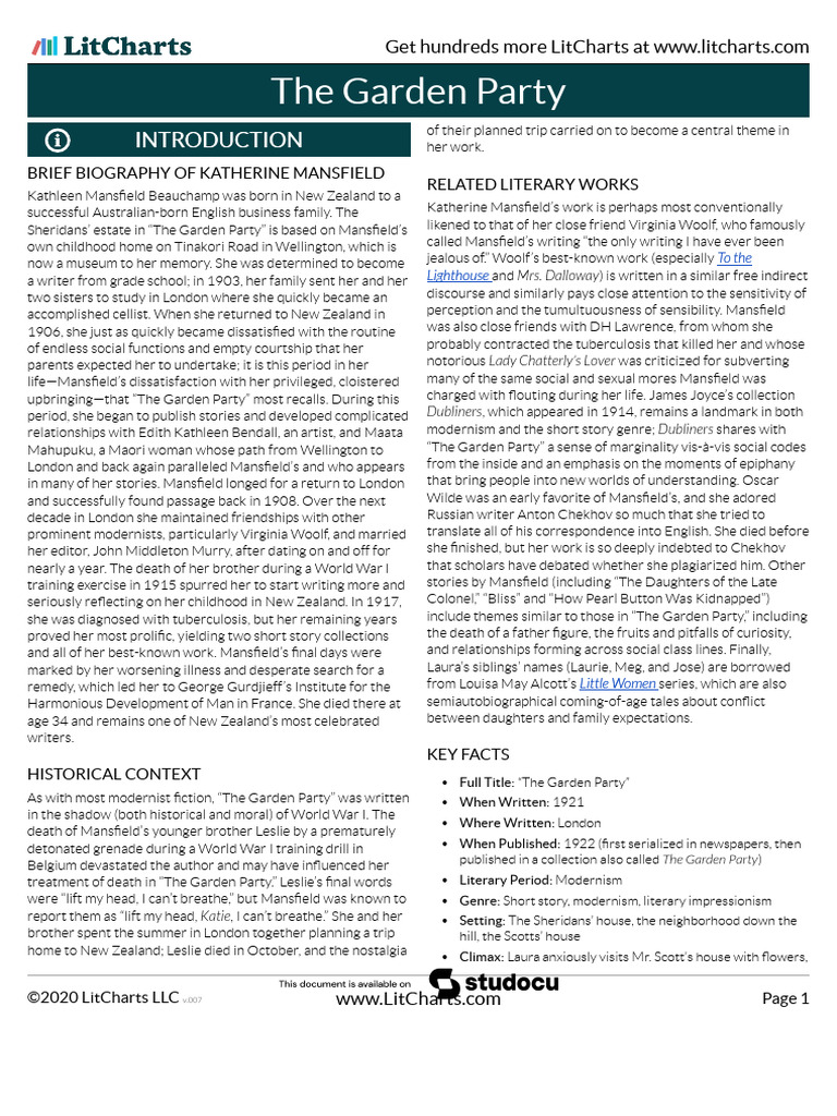 Katherine Mansfields The Garden Party Literary Analysis Chart... | PDF ...
