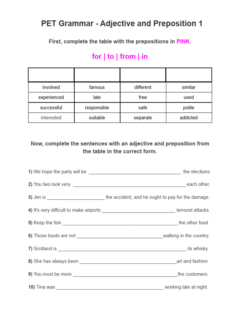 PET Grammar - Adjective & Prepositions, Verbs & Prepositions | PDF ...