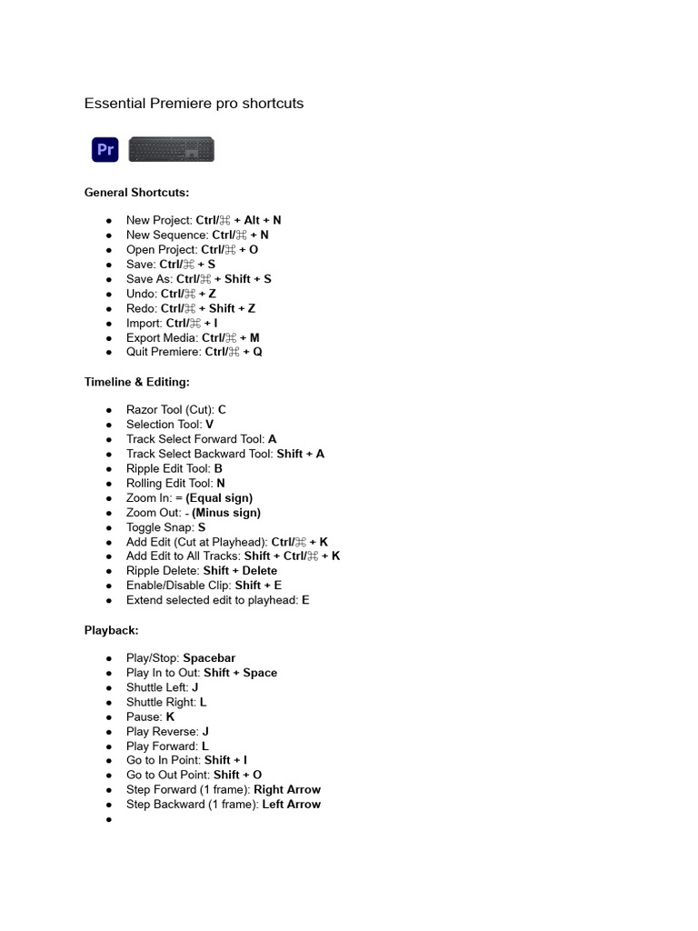 Essential Premiere Pro Shortcuts | PDF