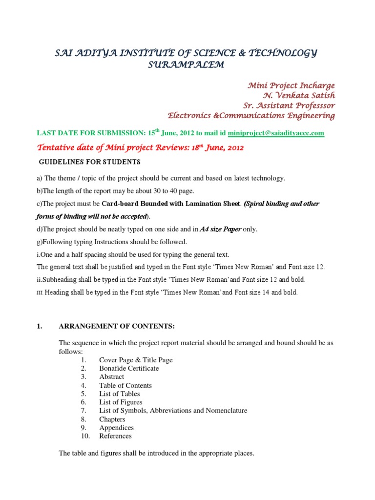 Miniproject Format | PDF | Times New Roman | Table Of Contents