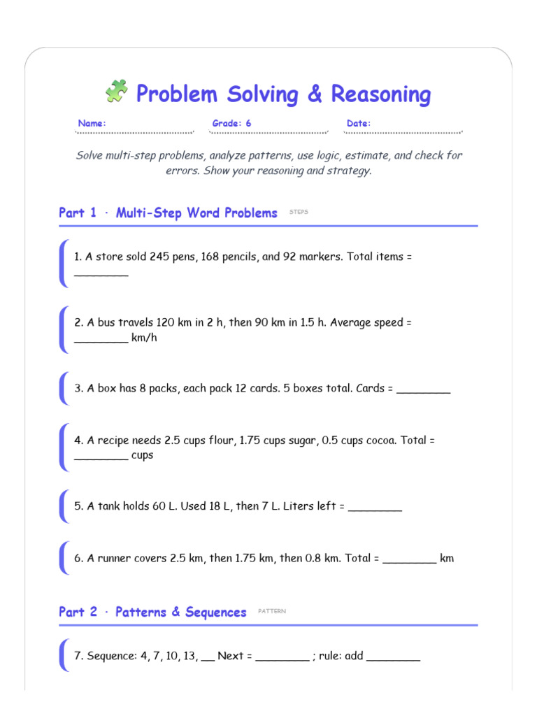Grade 6 Problem Solving Reasoning Worksheet - Multi Step Patterns Logic ...