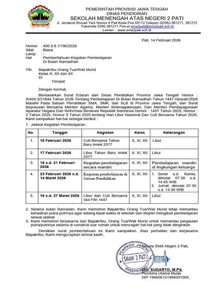 Pemberitahuan Ortu Ramadhan 2026 | PDF