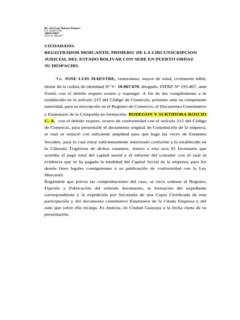 Acta Constitutiva Bodegon Roscio | PDF | Documento de identidad | Hoja ...