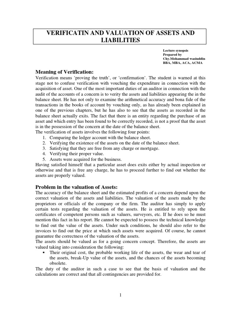 Verification and Valuation of Assets and Liabilities - Chapter-8 | PDF ...