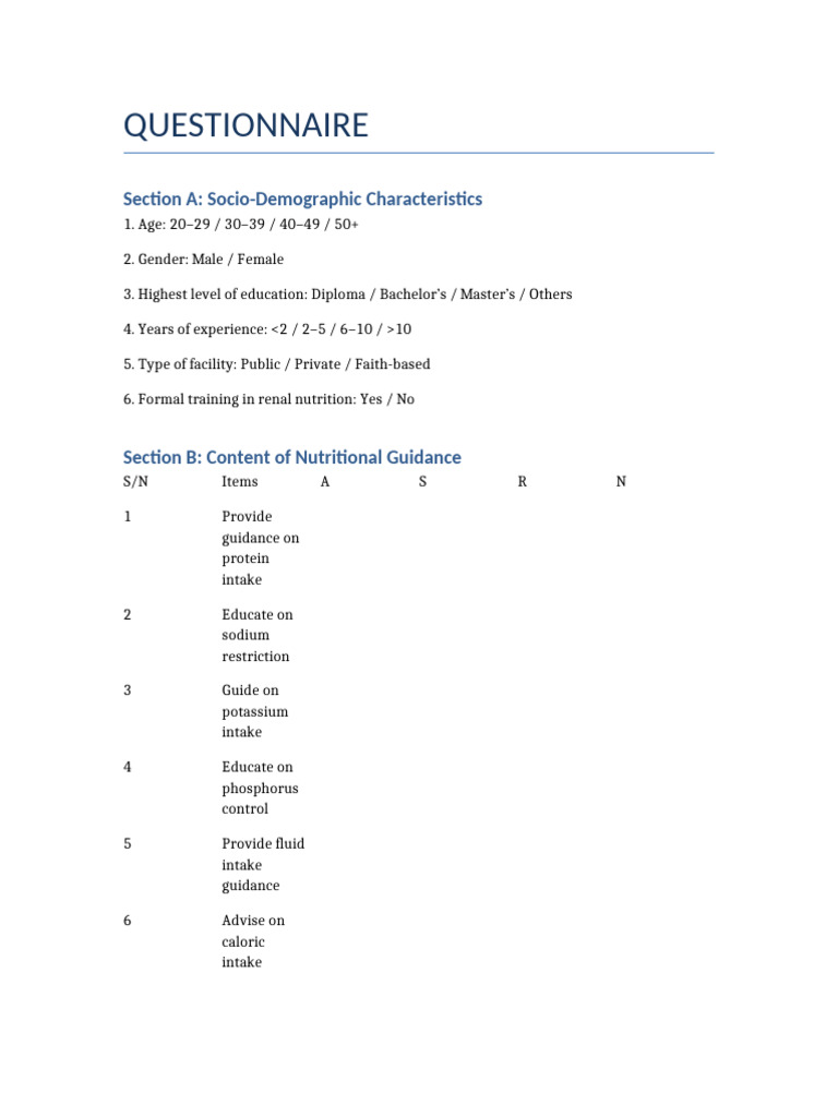 CKD Nutritional Guidance Questionnaire | PDF