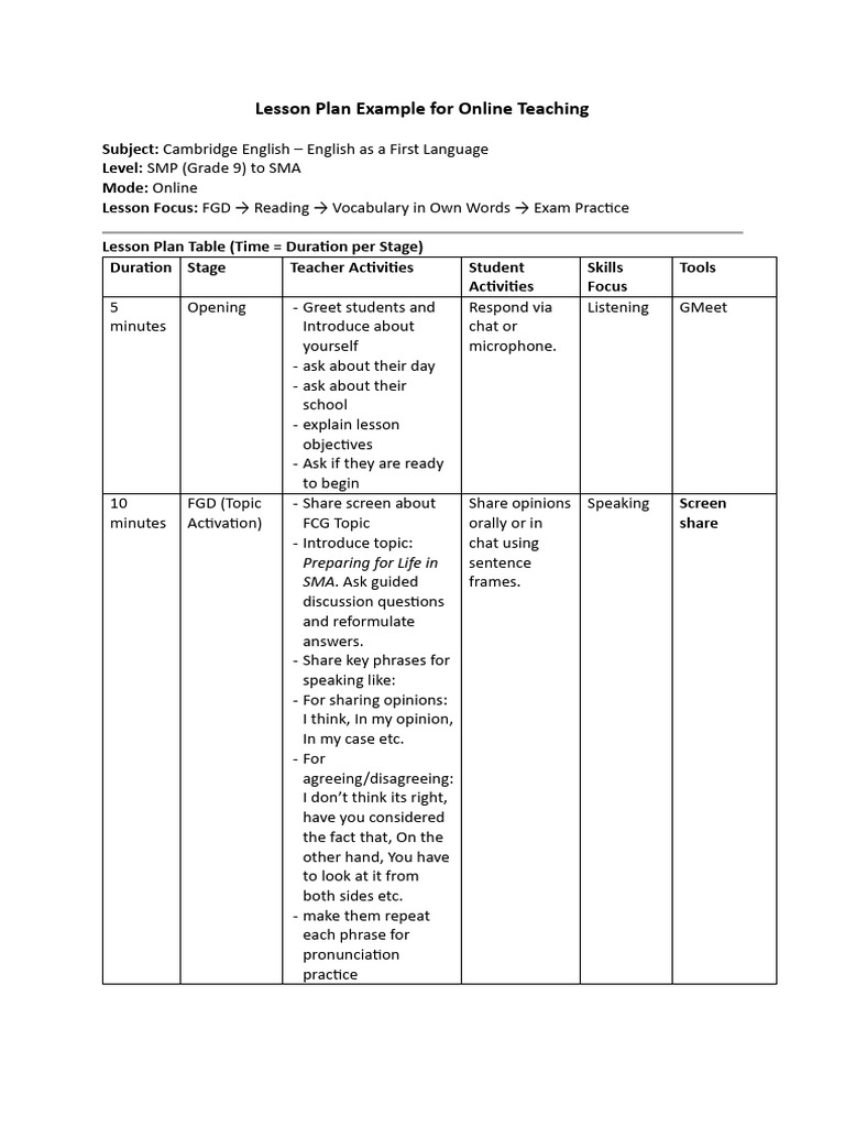 Lesson Plan Example For Online Teaching | PDF | Vocabulary | Lesson Plan