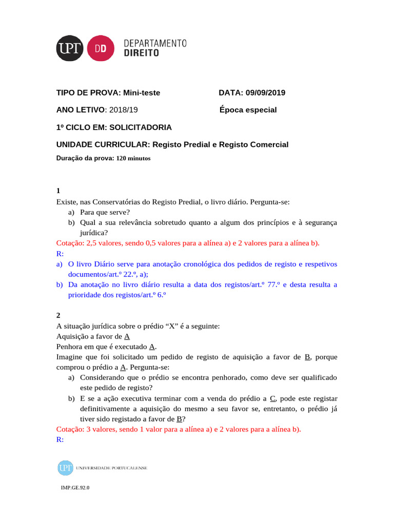 2019 09 09 Registo Predial Época Especial Correção | PDF
