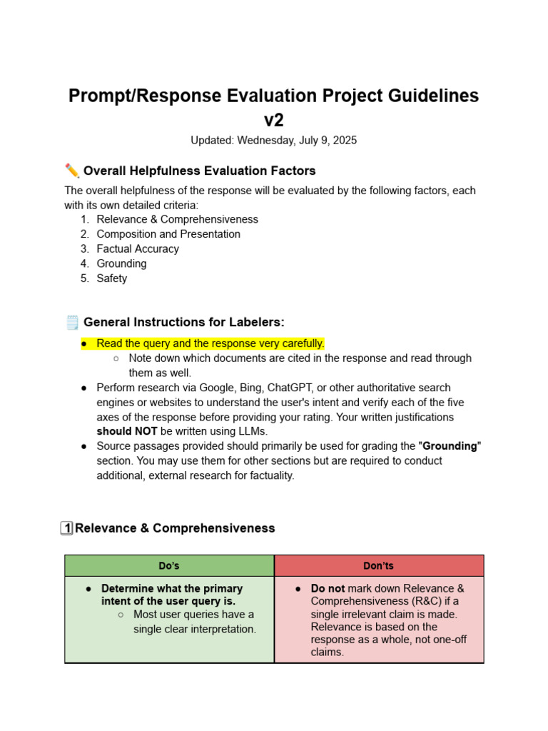 (Instructions) Offline Prompt - Response Evaluation Project v2 | PDF