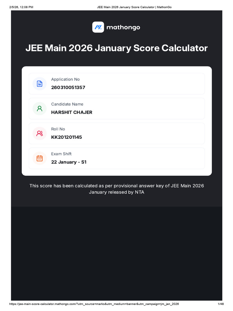 JEE Main 2026 January Score Calculator - MathonGo | PDF ...