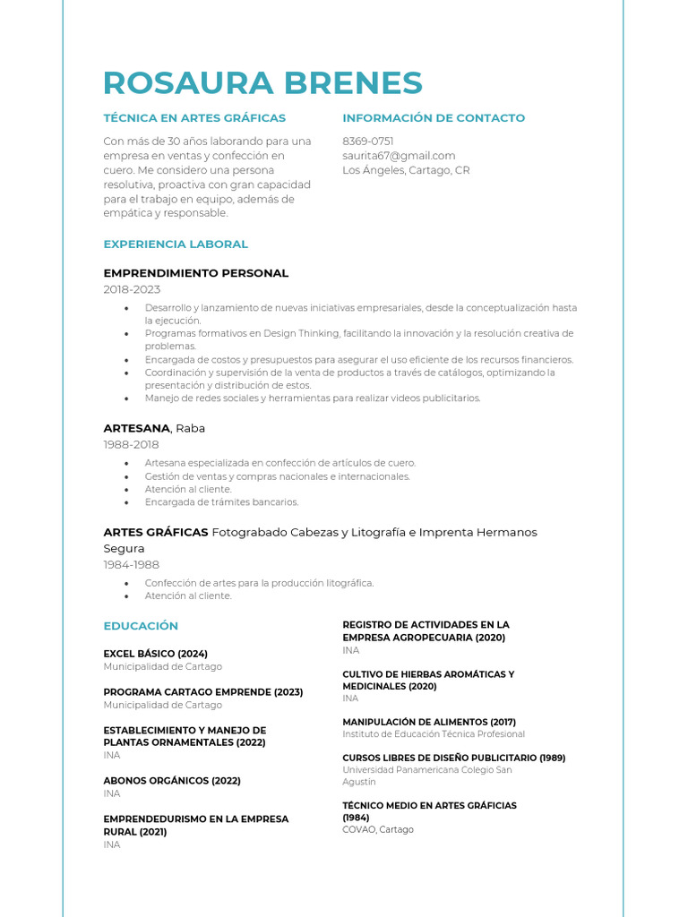 Rosaura Brenes CV | PDF | Iniciativa empresarial | Business