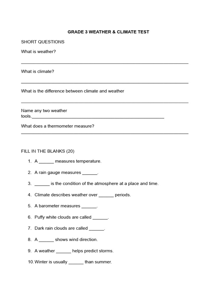 Grade 3 Weather & Climate Test | PDF | Weather | Rain