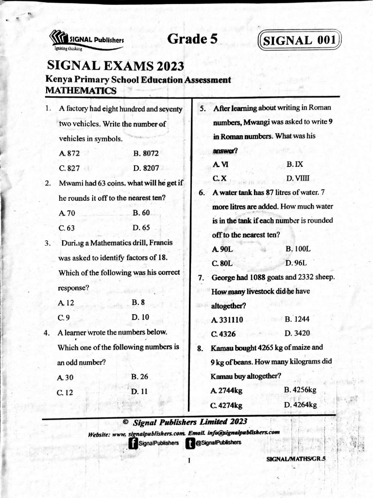 Grade 5 Signal Code 001 All Subjects With Marking Scheme | PDF