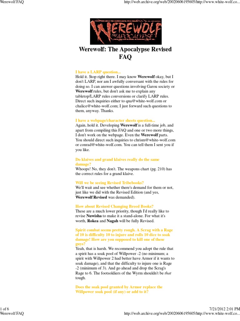 Werewolf: The Apocalypse Revised FAQ | PDF | Religion And Belief