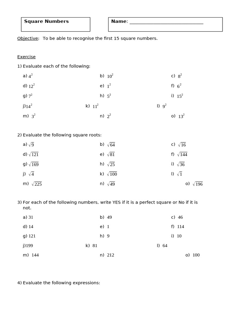 Square Numbers - Work Sheet | PDF | Square Root | Mathematical Objects