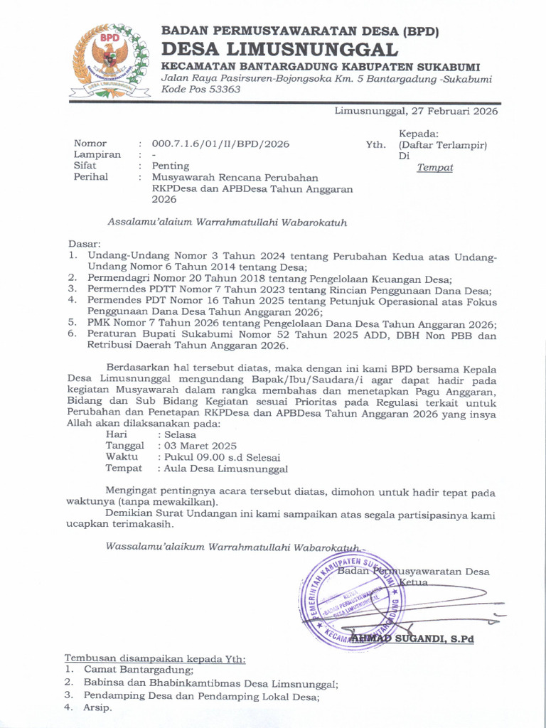Undangan Musdes Perubahan RKPDes APBDes 2026 | PDF