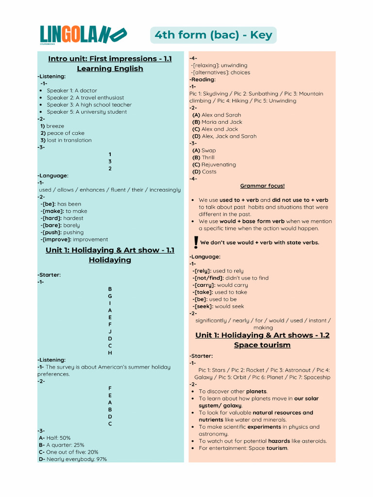 4th Form - Key | PDF