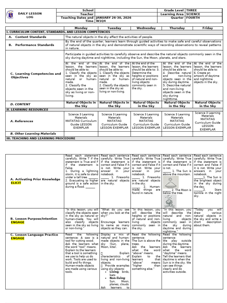 Grade 3 Quarter 4 Week 6 Lesson Plan in Science | PDF | Sky | Night