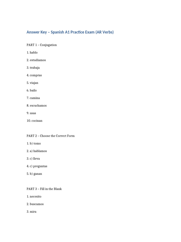 Spanish A1 AR Verbs Answer Key | PDF