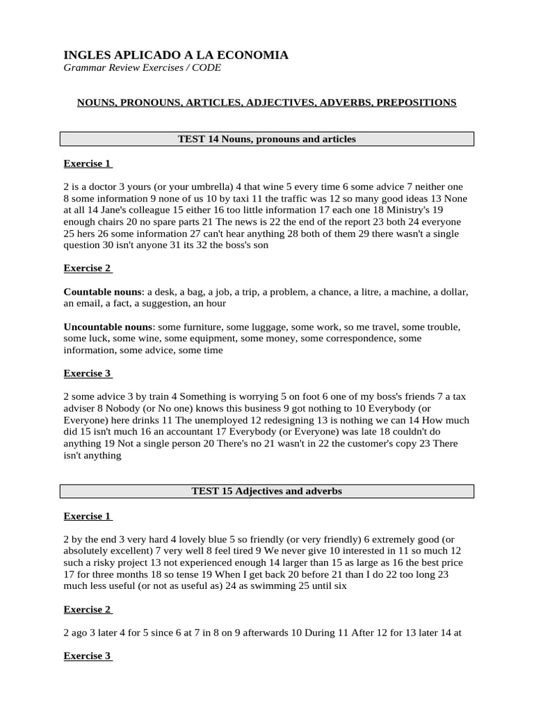 Nouns Pronouns Articles Adjectives Adverbs Prepositions CODE | PDF ...