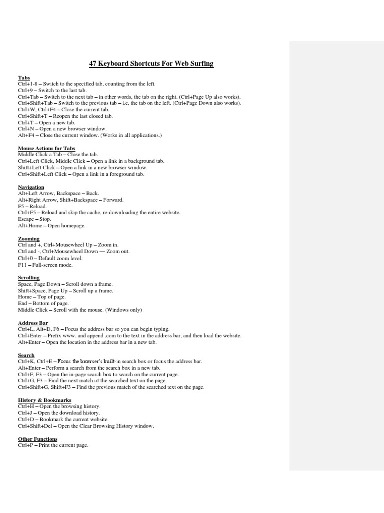 Keyboard Shortcuts That Work in All Web Browsers | PDF | Keyboard ...