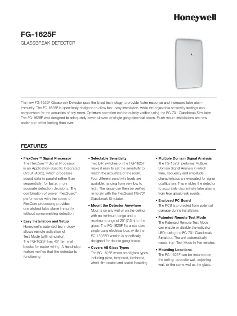 Honeywell FG1625F Data Sheet | PDF | Security Alarm | Electrical ...