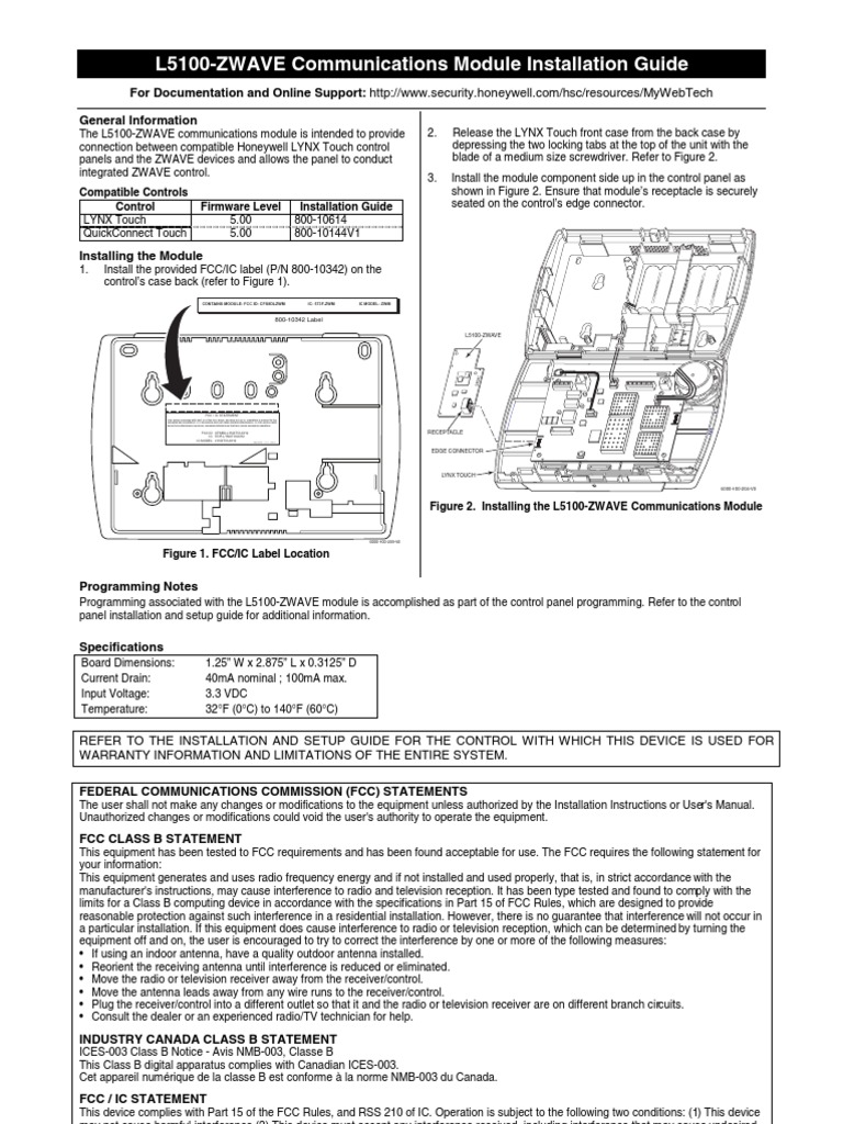 Honeywell l5100 ZWAVE Install Guide | PDF | Electromagnetic Interference | Security Alarm
