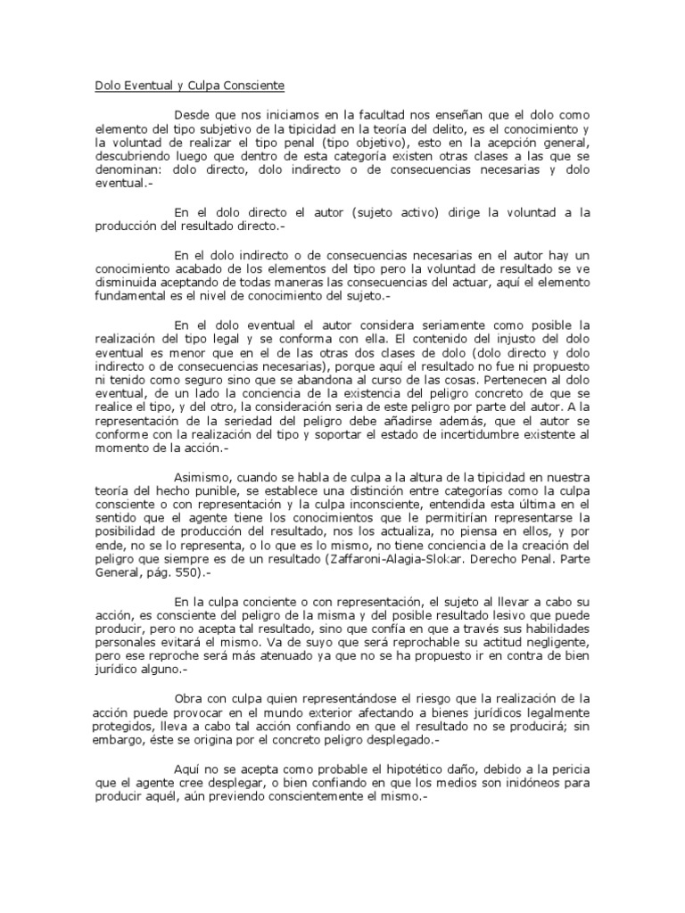 Dolo Eventual y Culpa Consciente | PDF | Intención (Derecho Penal ...
