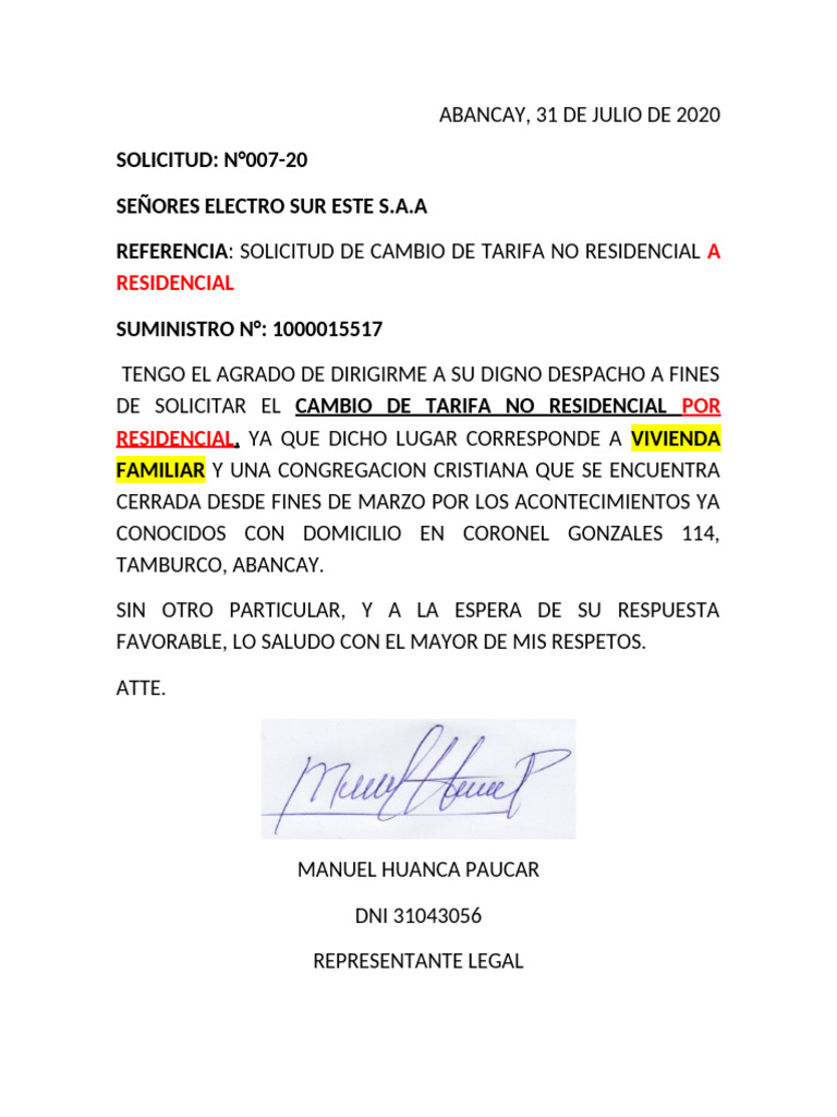 SOLICITUDCAMBIODETARIFANORESXRES.31720 | PDF