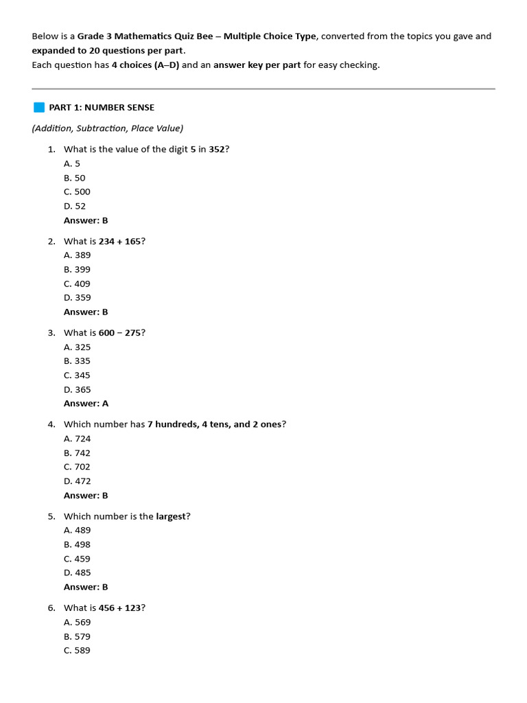 Below Is A Grade 3 Mathematics Quiz Bee | PDF | Rectangle | Shape