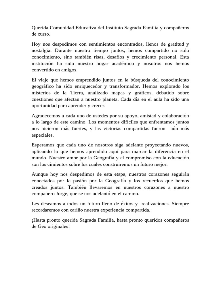 Palabras de Despedida Profesorado de Geografía | PDF
