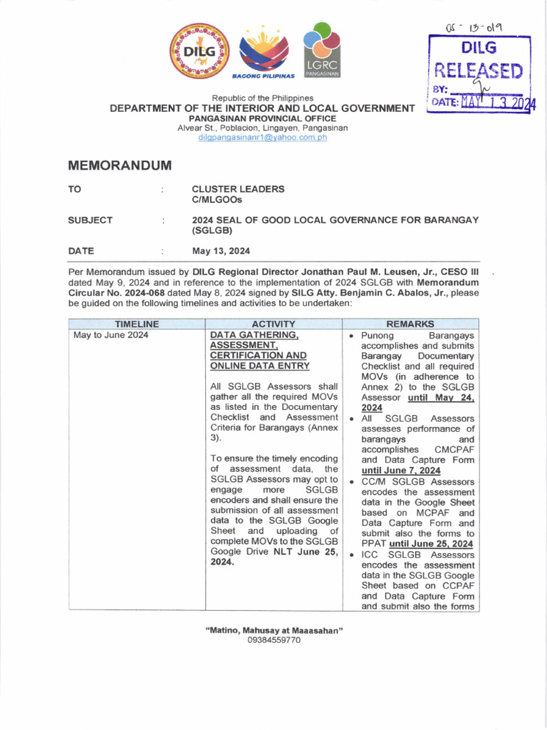 2024 Seal of Good Local Governance For Barangay (SGLGB) . | PDF