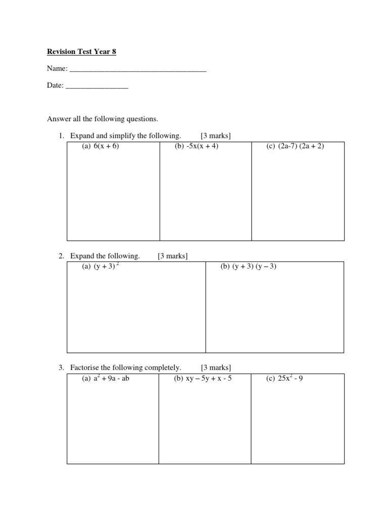 Year 8 Maths Revision Test | PDF