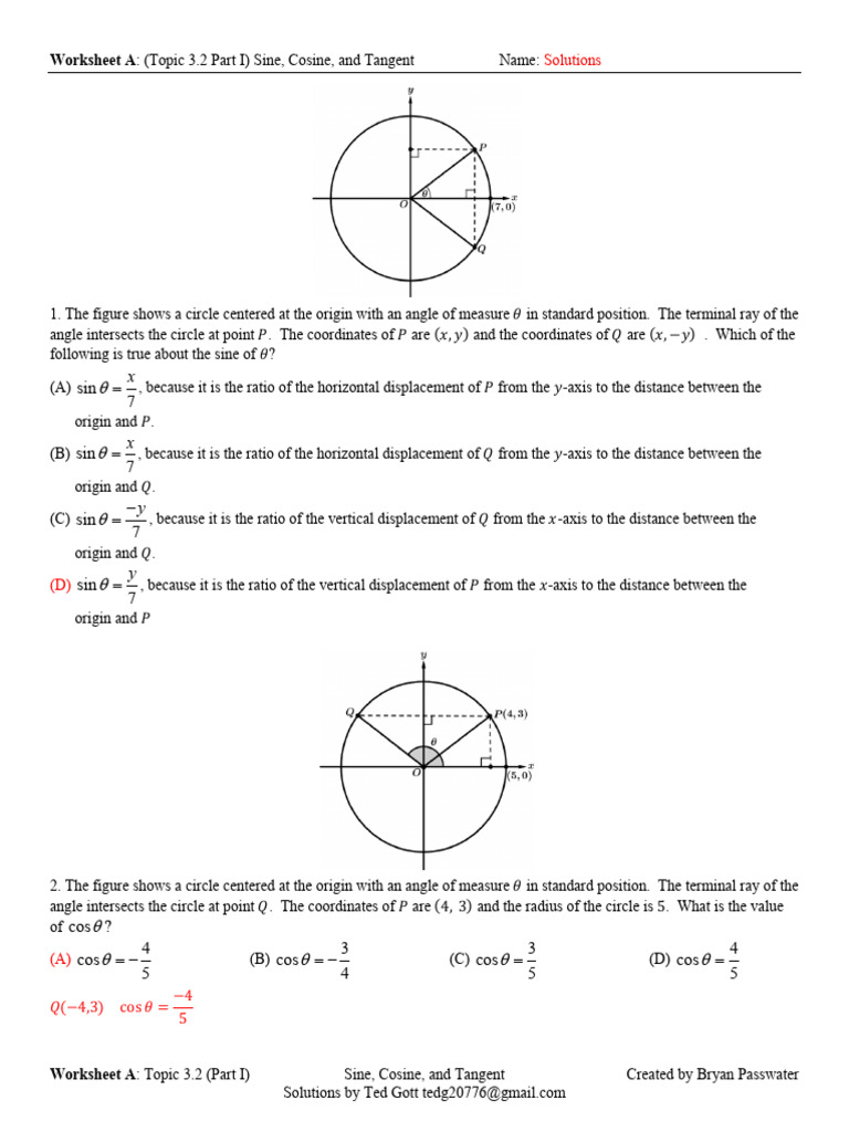 Worksheet A Key Topic 3.2 Part I Sine, Cosine, and Tangent | PDF ...