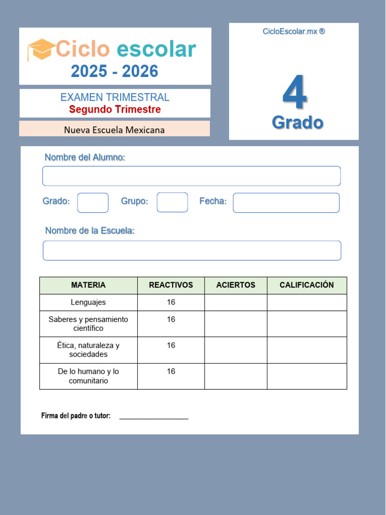 Examen Segundo Trimestre Cuarto Grado 2025 2026 | PDF | Democracia ...