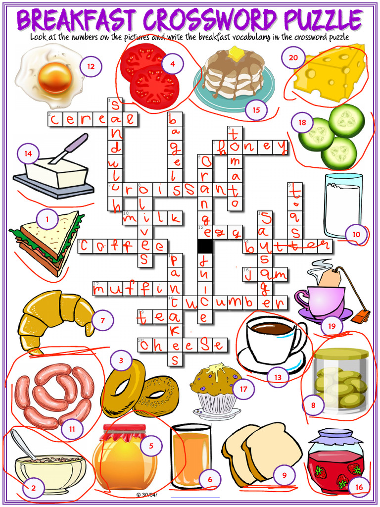 Breakfast Vocabulary Esl Crossword Puzzle Worksheet For Kids | PDF